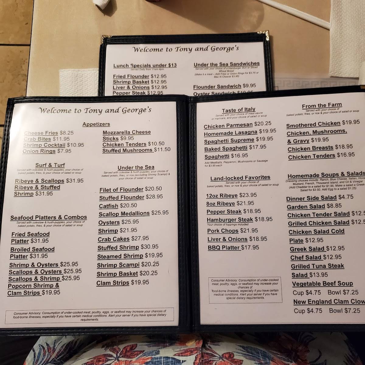 Menu at Tony & Georges Seafood/Italian restaurant, West Point