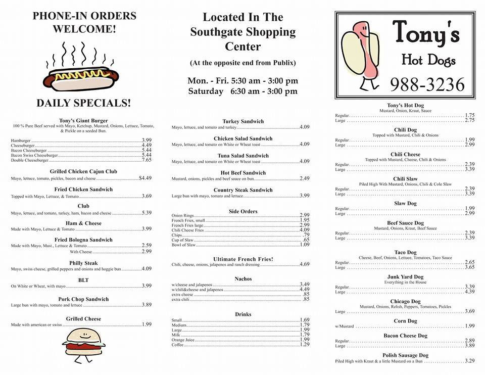 Menu at Tony's Hot Dogs restaurant, Birmingham
