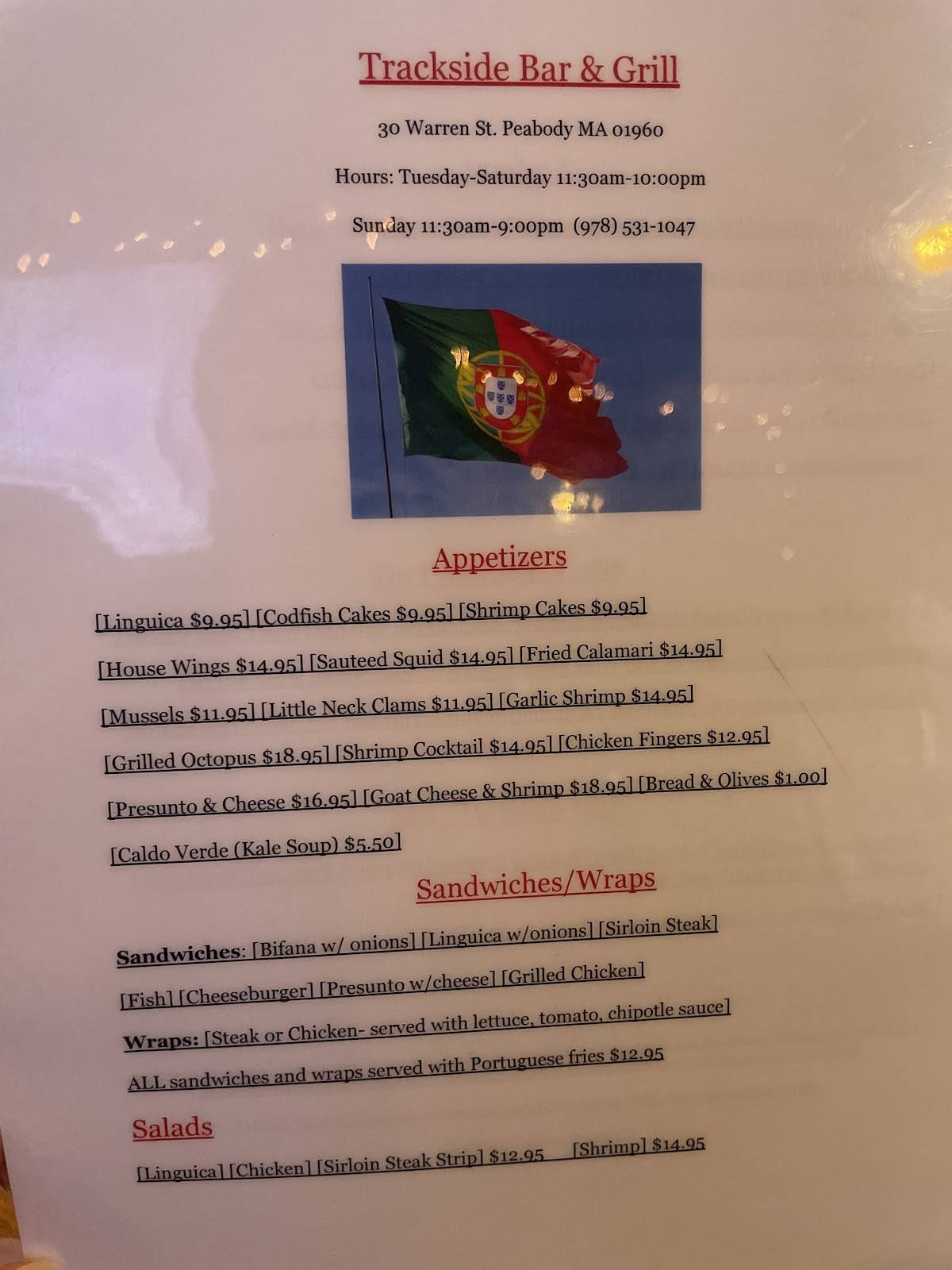 Menu at Trackside Bar & Grill, Peabody, 30 Warren St