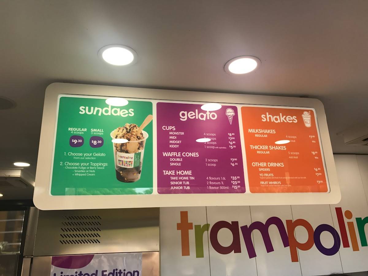 Menu at Trampoline Gelato restaurant, Darwin City, 19 Kitchener Dr