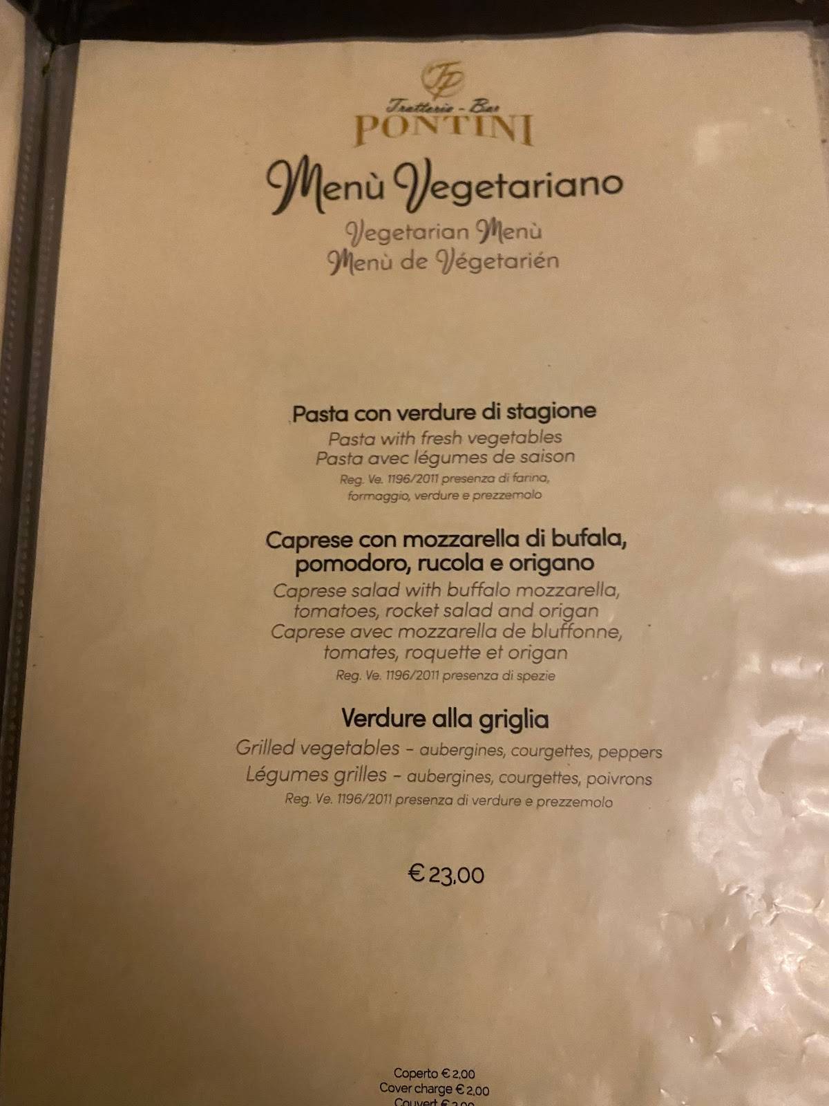 Menu at Trattoria Bar Pontini, Venice, Cannaregio