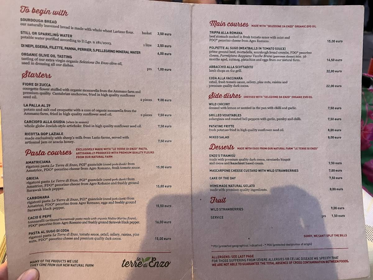 Menu at Trattoria Da Enzo al 29 restaurant, Rome