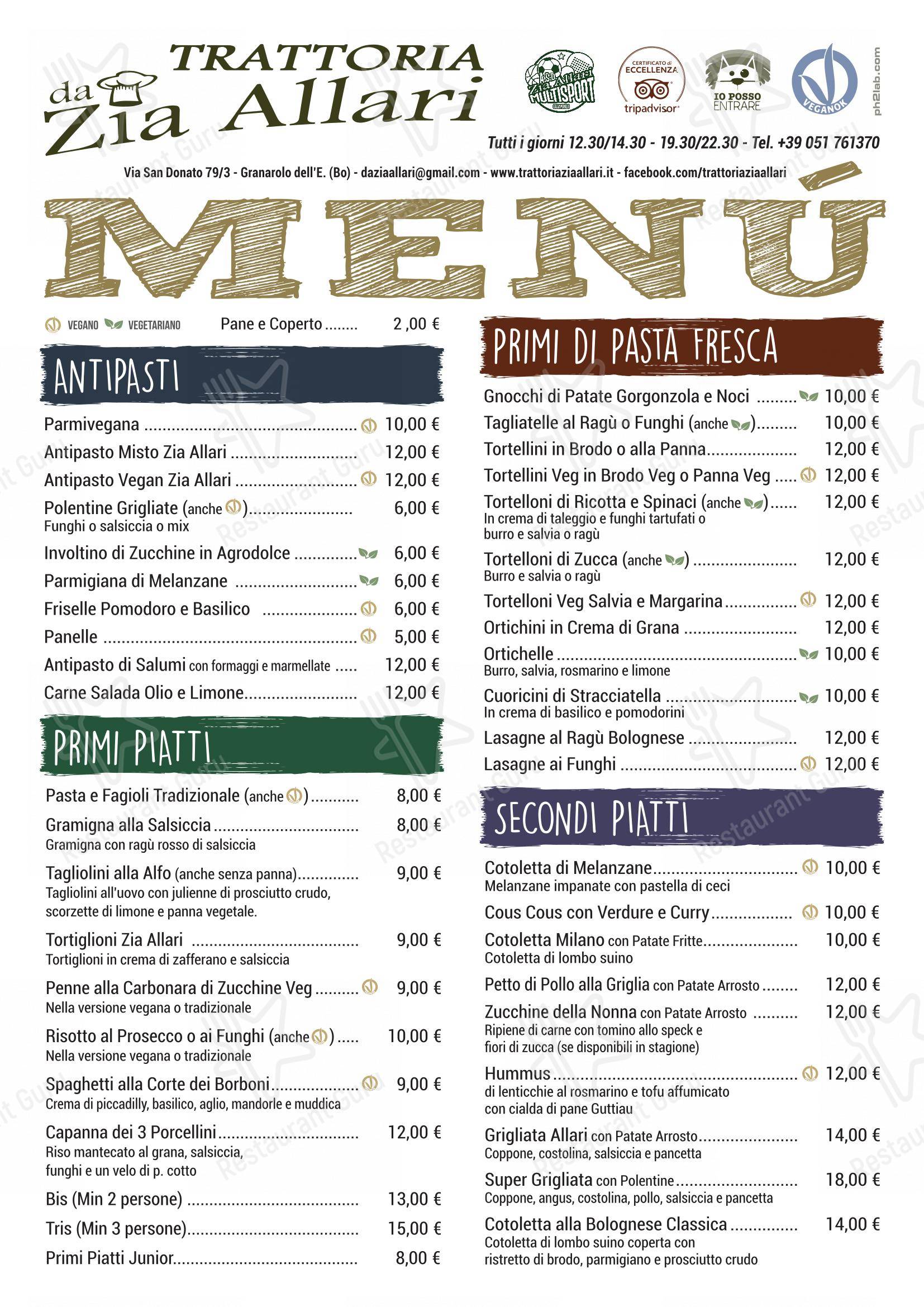 Menu da Trattoria Da Zia Allari ristorante, Granarolo dell'Emilia