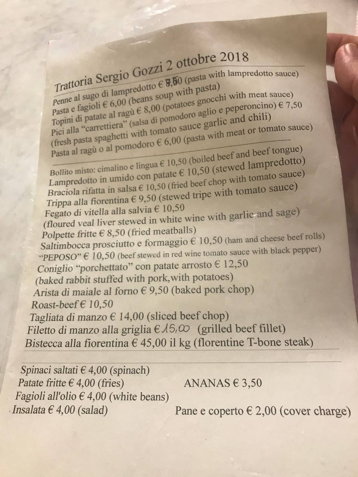 Menu at Trattoria Sergio Gozzi restaurant, Florence