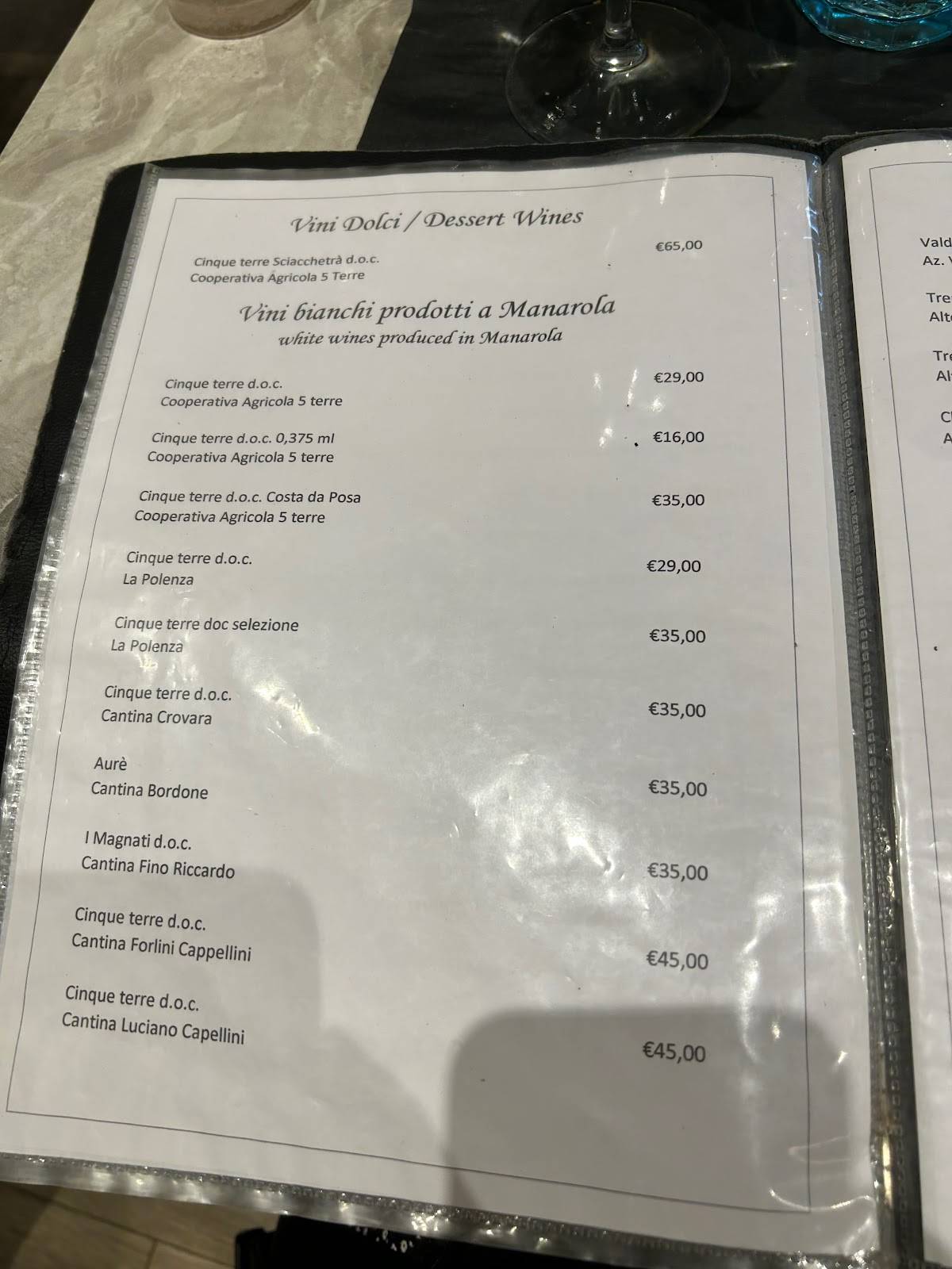 Menu at Trattoria dal Billy restaurant, Manarola