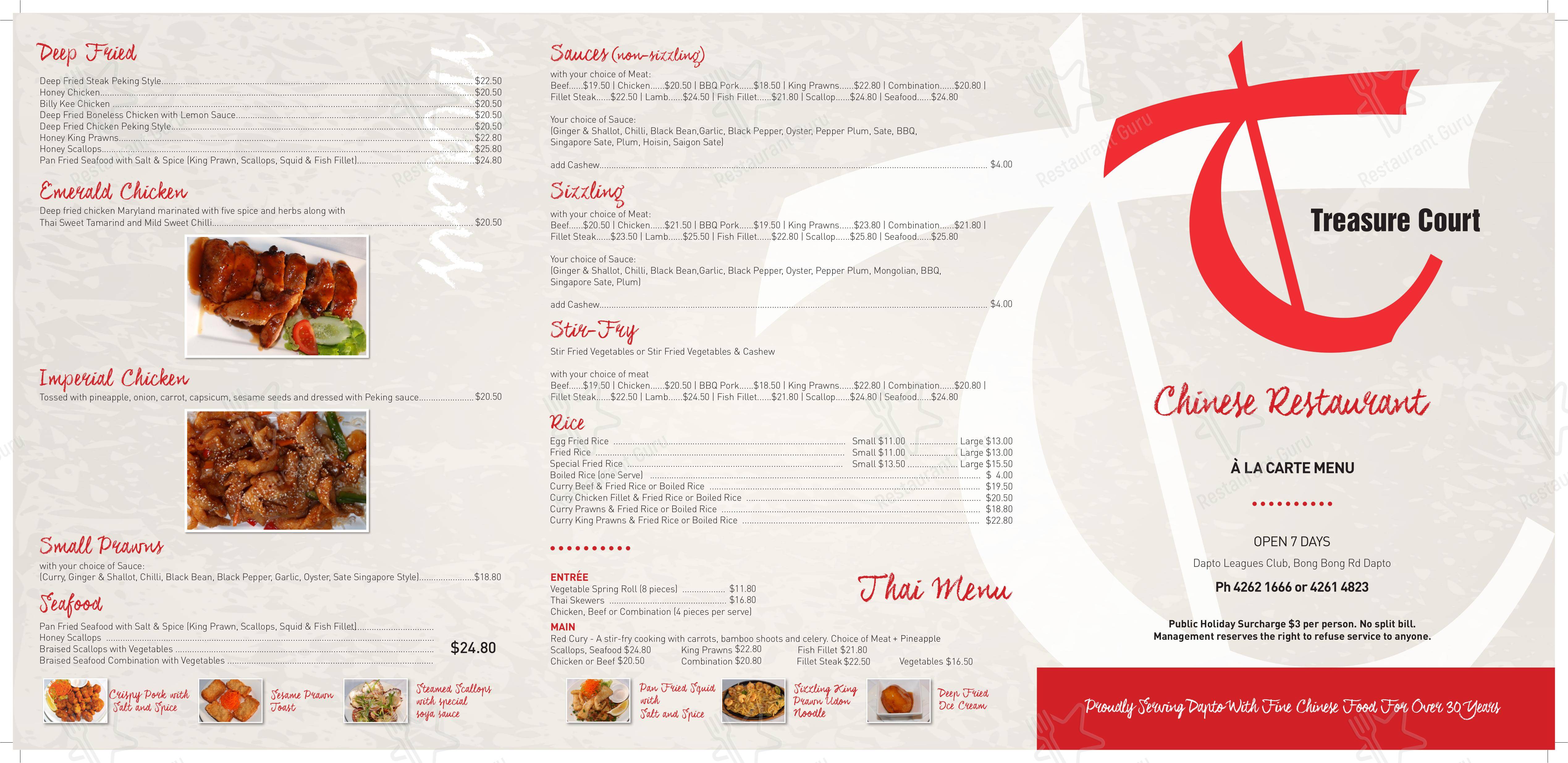 Menu at Treasure Court restaurant, Dapto