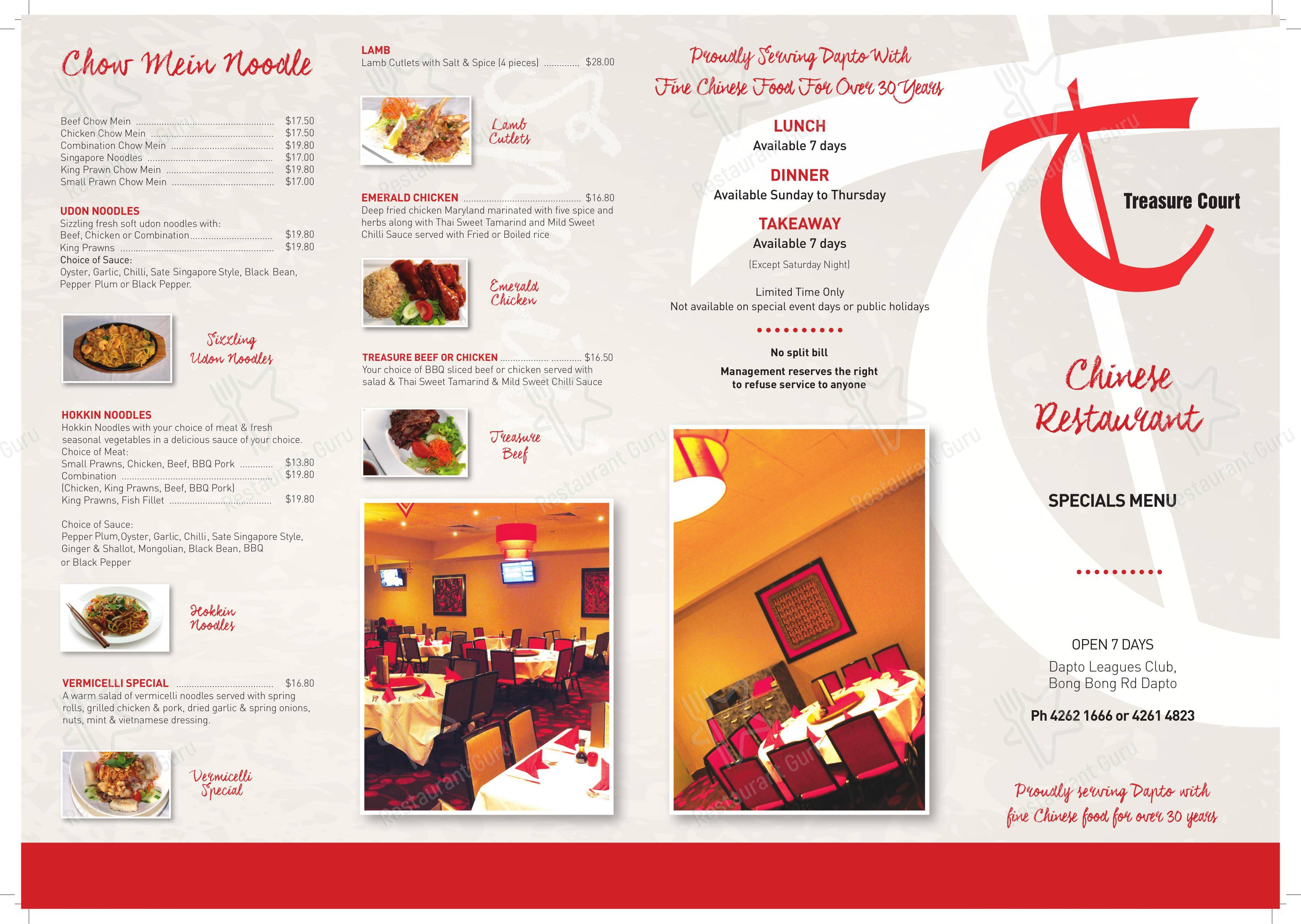 Menu at Treasure Court restaurant, Dapto