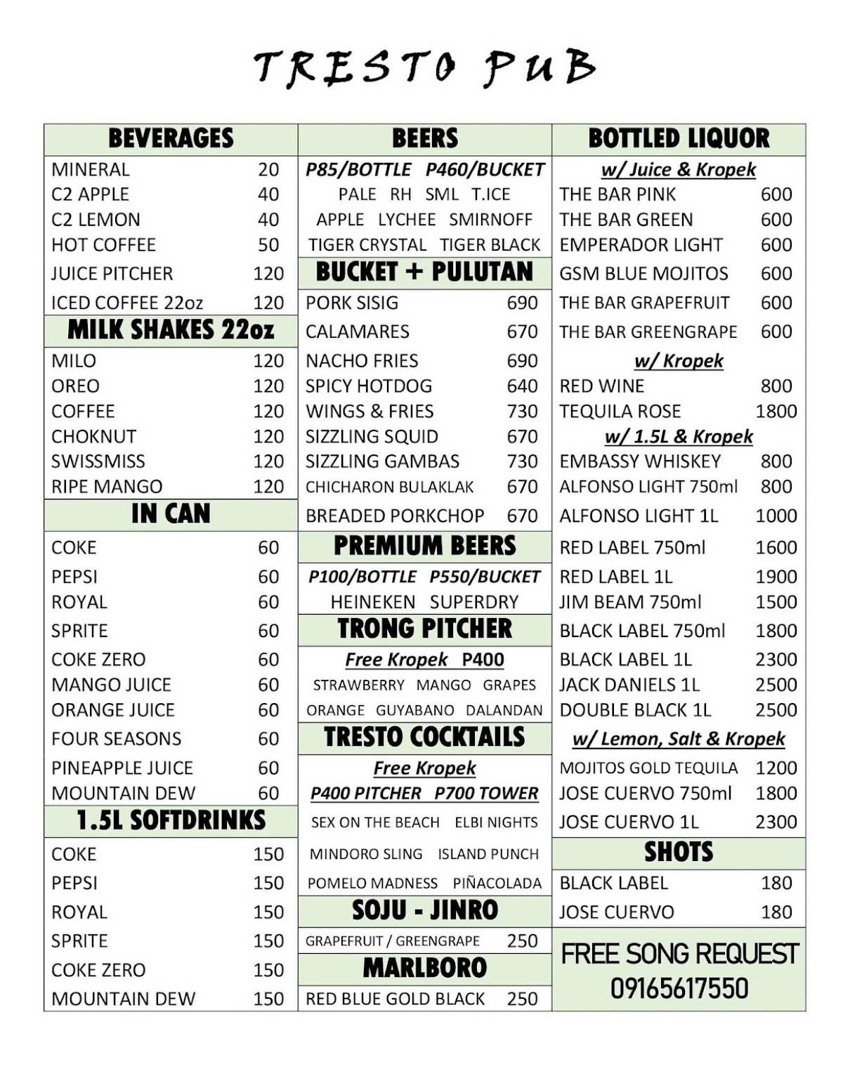 Menu at Tresto Pub, Los Baños