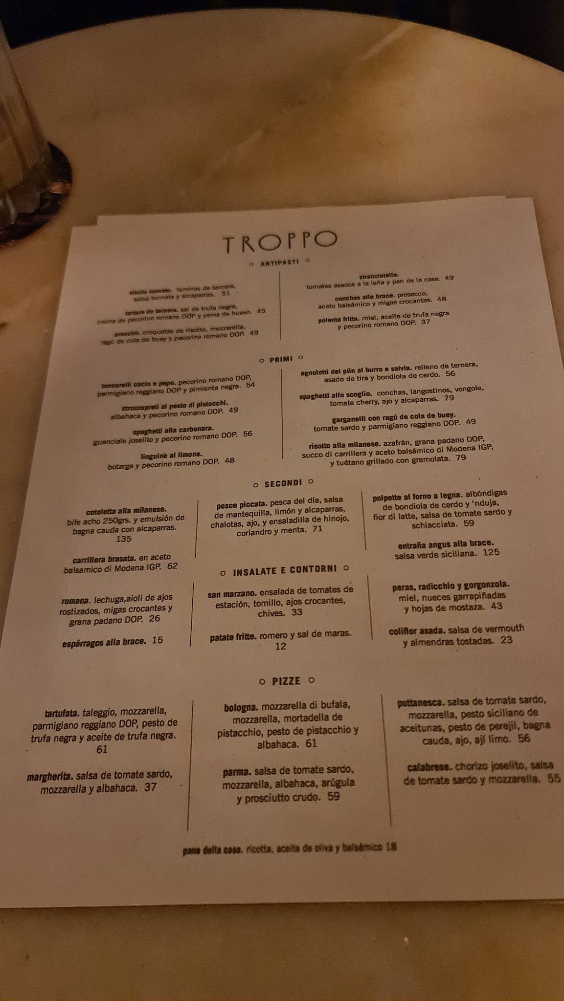 Carta de Troppo Restaurante, San Isidro