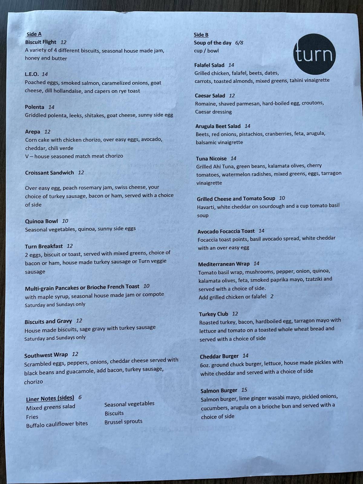 Menu at Turn restaurant, St. Louis