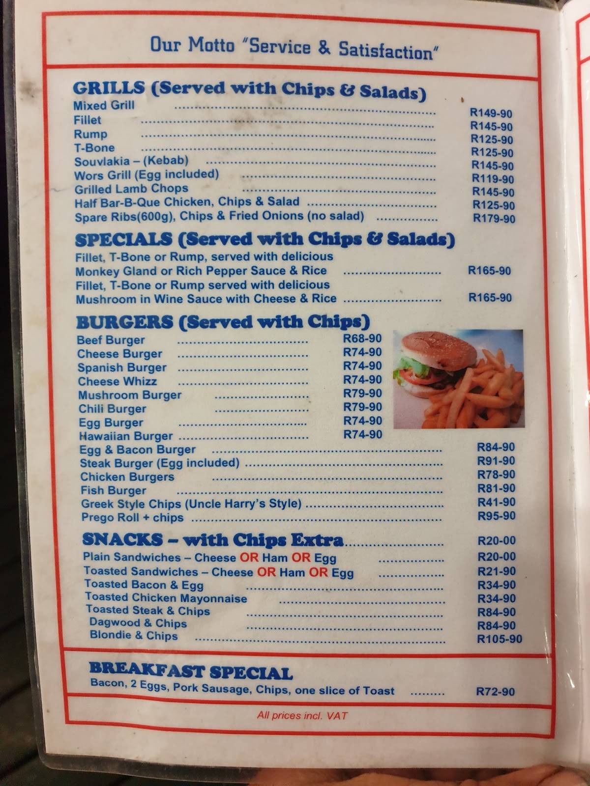 Menu at Uncle Harry's Roadhouse restaurant, Randfontein