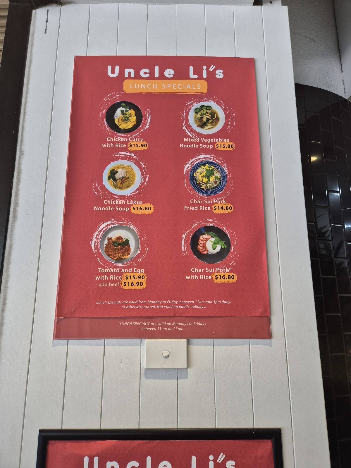 Menu at Uncle Li's restaurant, Brisbane City, Post Office Square Park