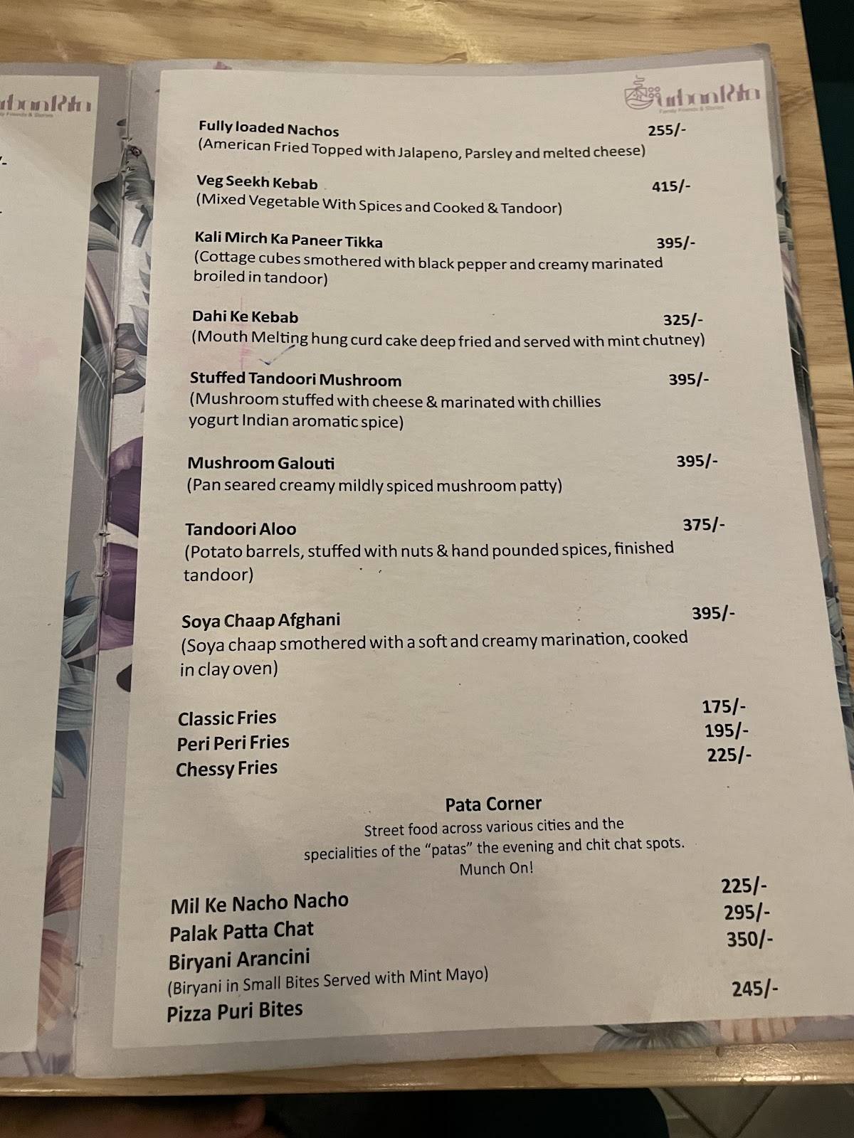 Menu at Urban Pata, Bikaner, Nagnechi Mandir