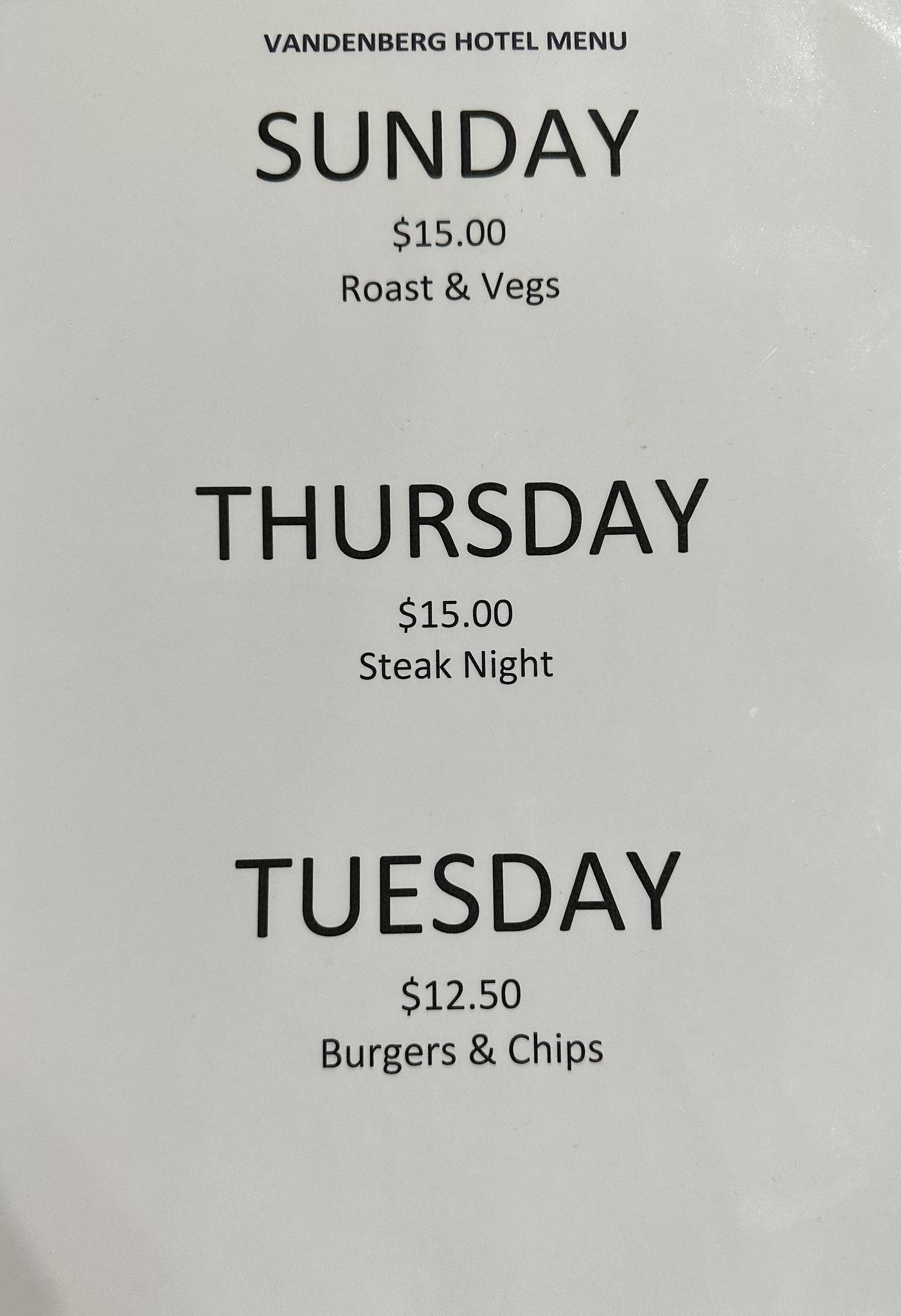 Menu at Vandenberg Hotel Forbes pub & bar, Forbes