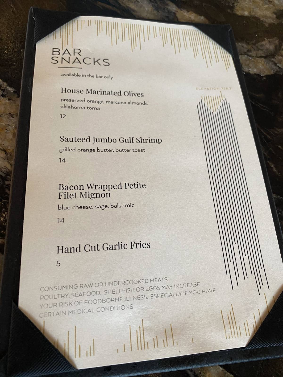 Menu at Vast restaurant, Oklahoma City