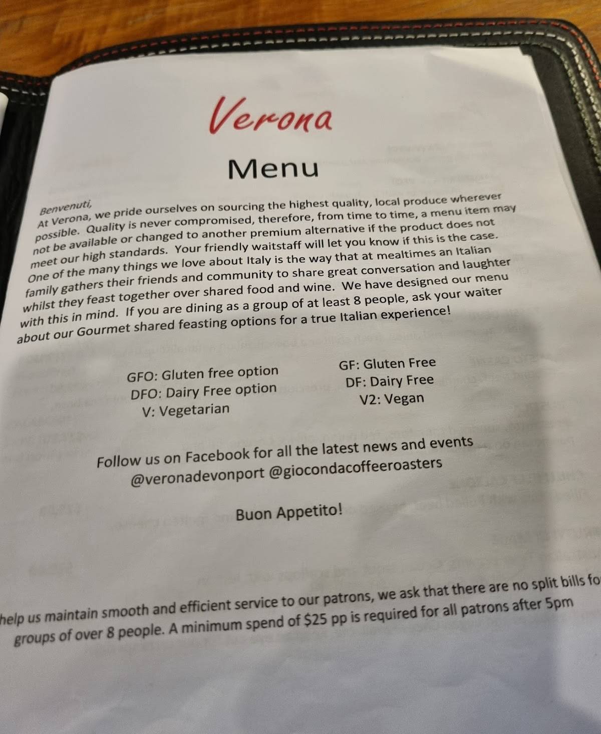 Menu at Verona Devonport restaurant, Devonport
