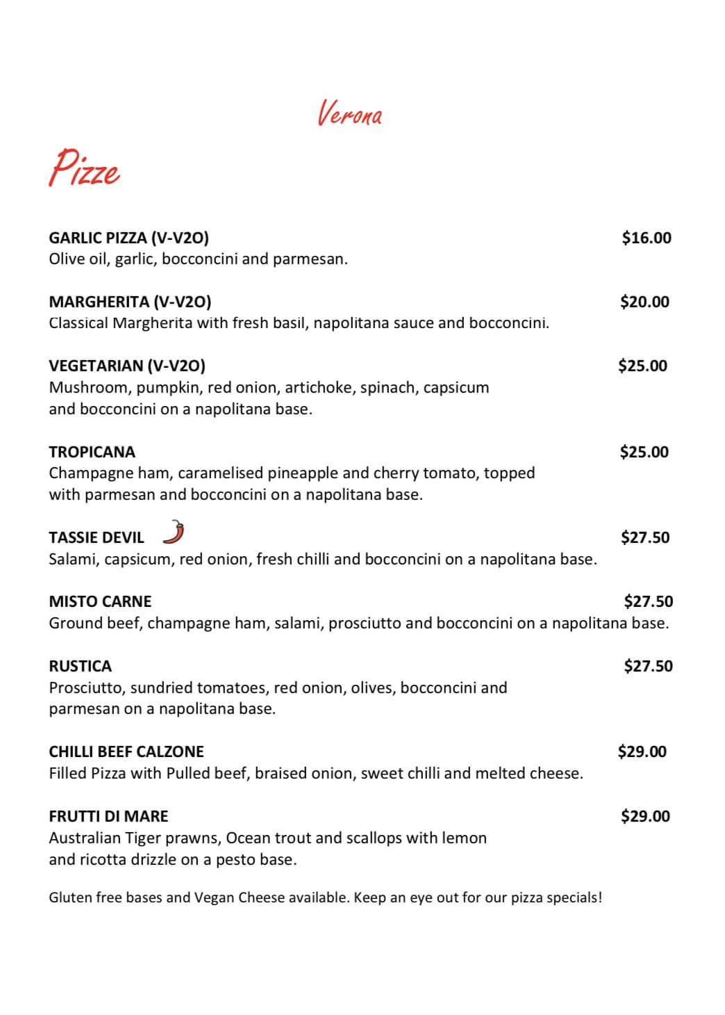 Menu at Verona Devonport restaurant, Devonport