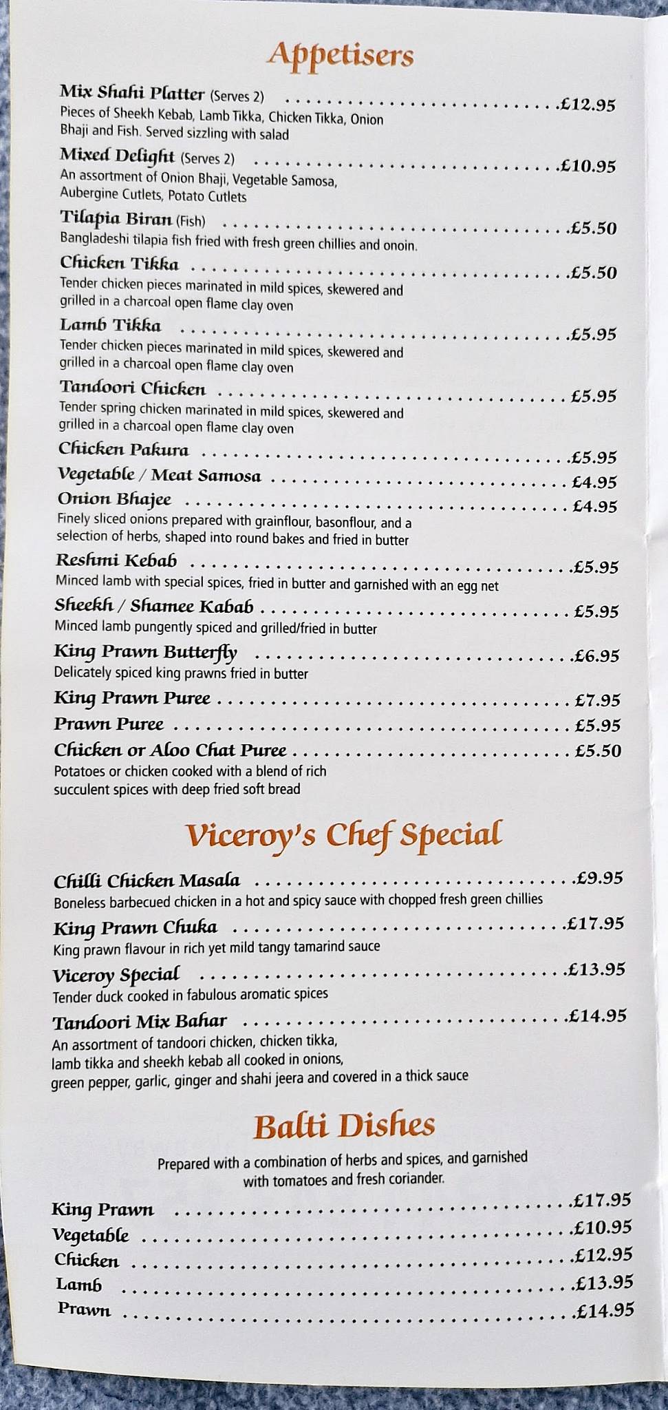 Menu at Viceroy of India restaurant, Virginia Water