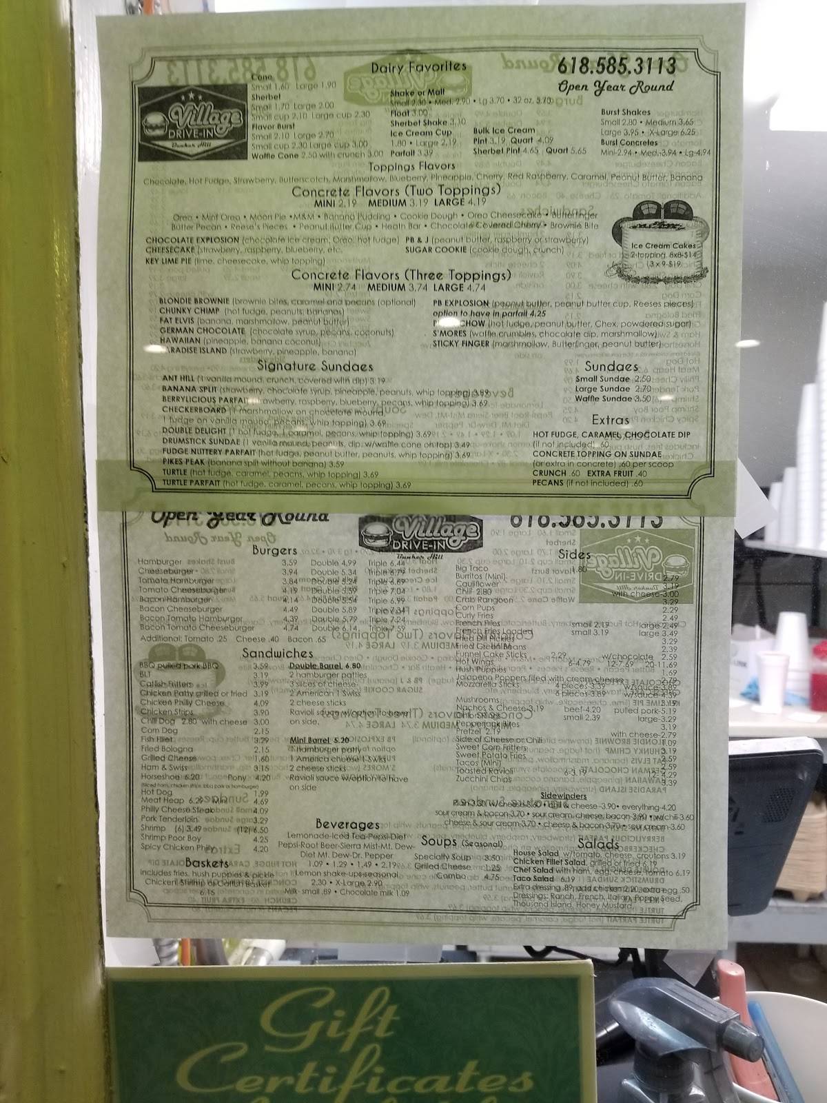 Menu at Village Drive-In restaurant, Bunker Hill