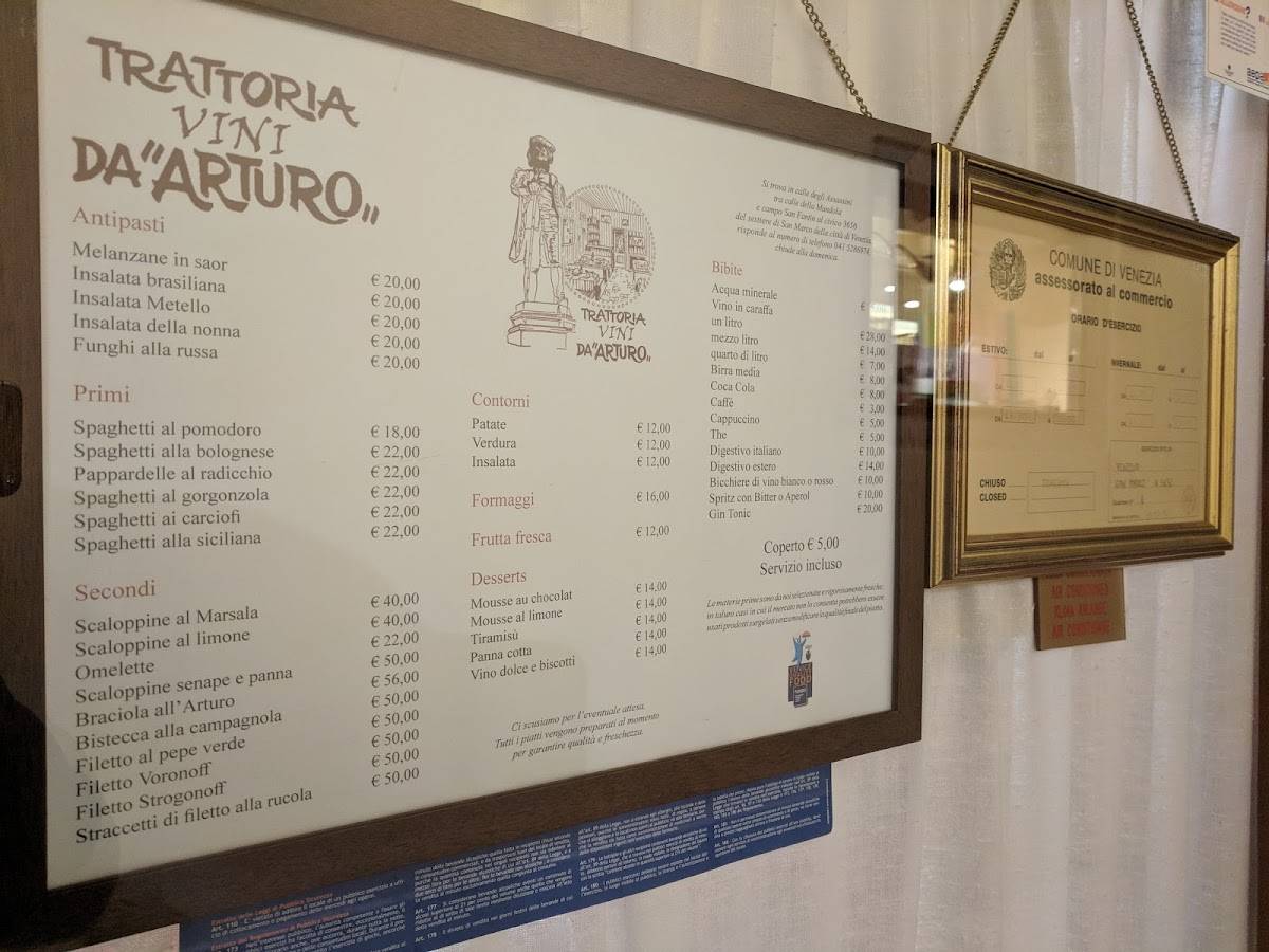 Menu at Vini Da Arturo restaurant, Venice