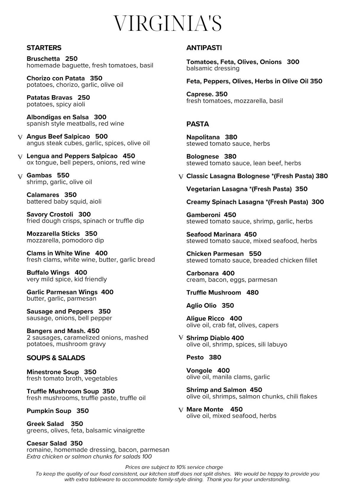 Menu at Virginia's Bistro restaurant, Biñan