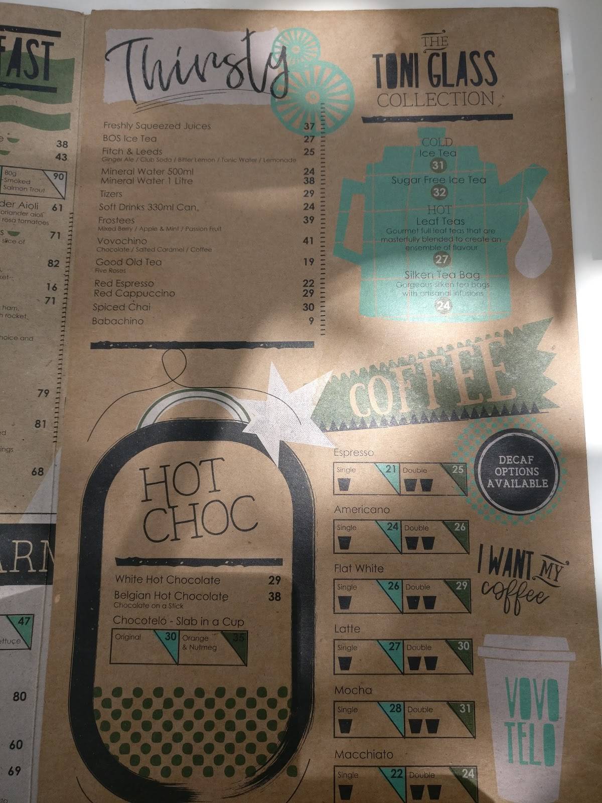 Menu at Vovo Telo cafe, Hartbeespoort