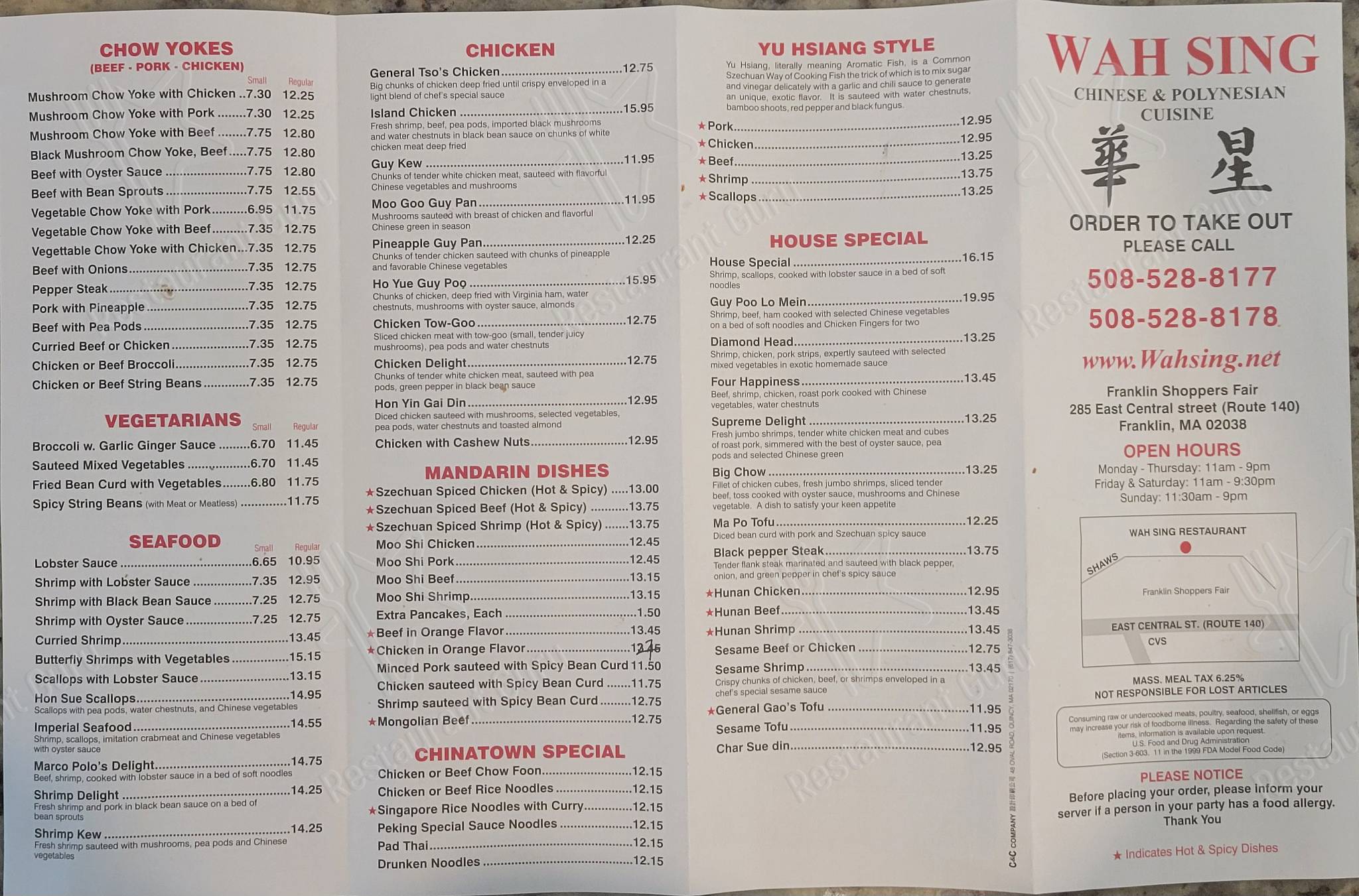 Menu at Wah Sing Chinese & Polynesian Cuisine restaurant, Franklin, 285 ...