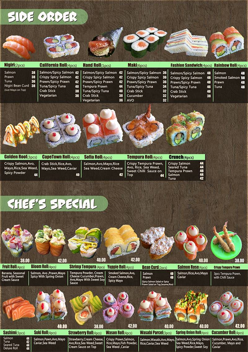 Menu at Wason Chinese Sushi restaurant, Cape Town