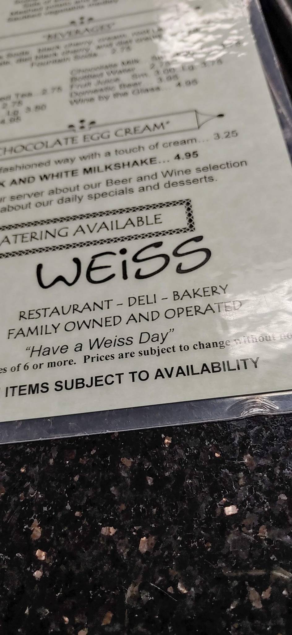 Menu at Weiss Deli restaurant, Henderson