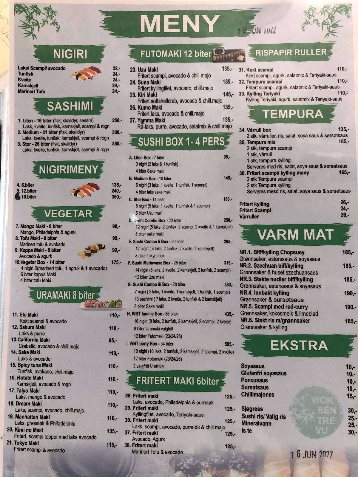 Menu at Wok Ben tre vu restaurant, Norway