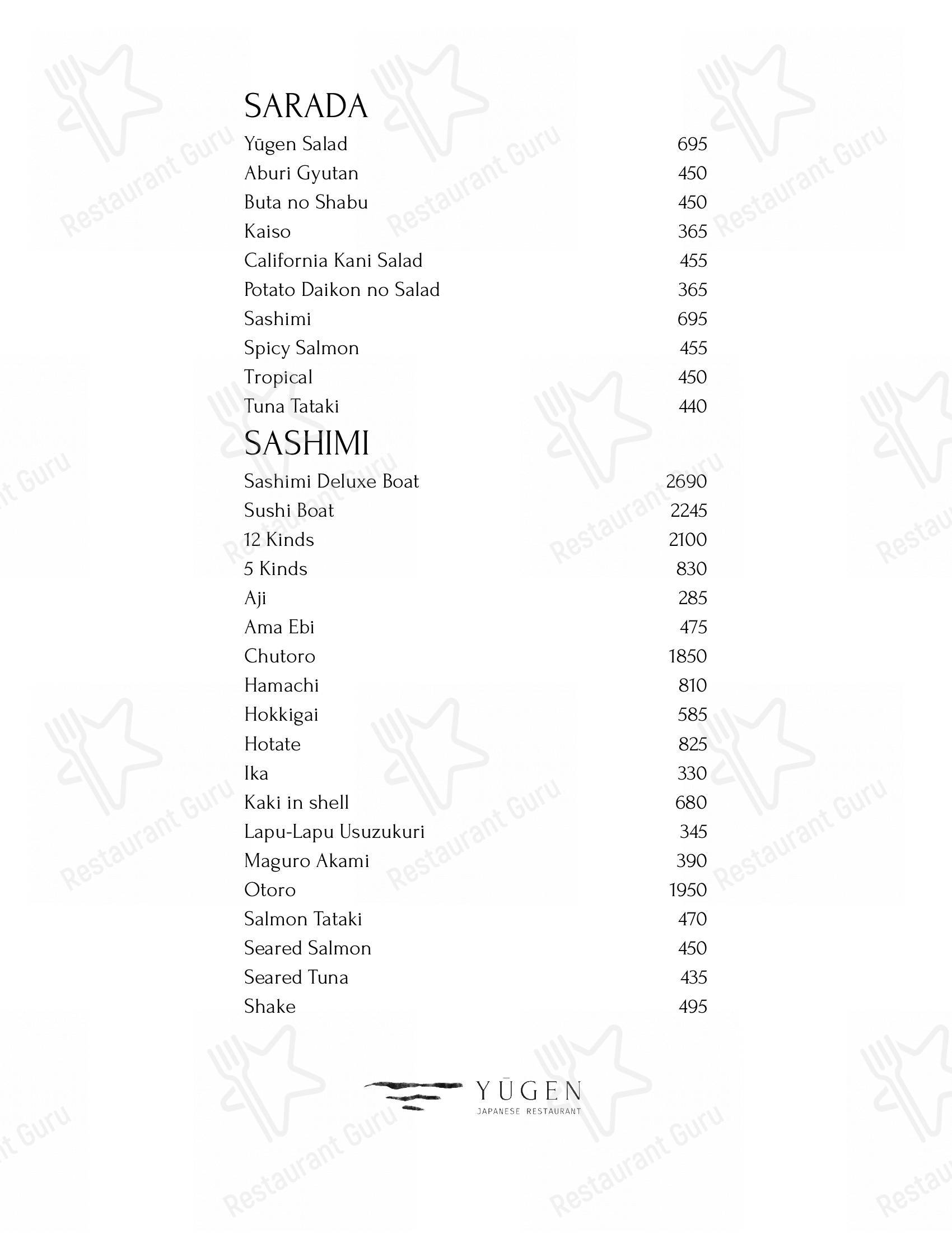 Carta de Yūgen Japanese Restaurant, Pasig