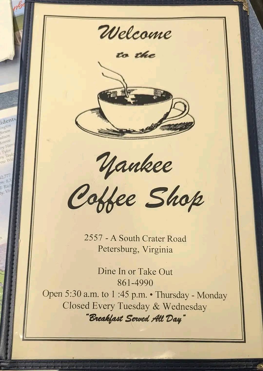 Menu at Yankee Coffee Shop restaurant, Petersburg
