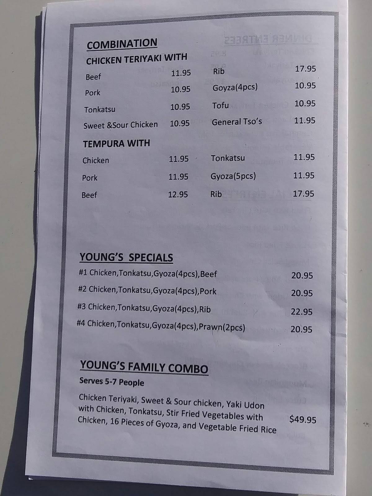 Menu at Young's Teriyaki restaurant, Yelm