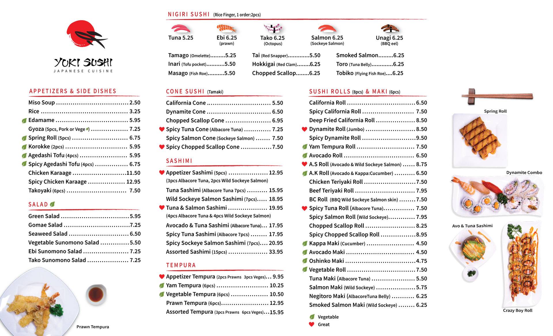 Menu at Yuki Sushi restaurant, Lumby