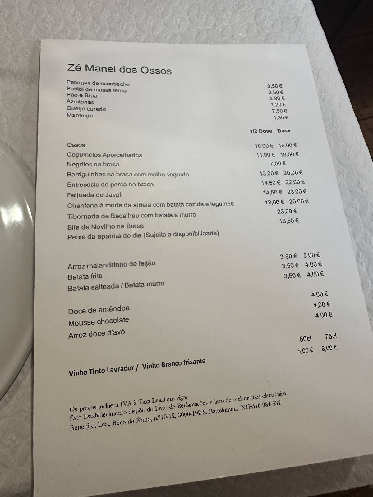 Menu at Zé Manel dos Ossos restaurant, Coimbra