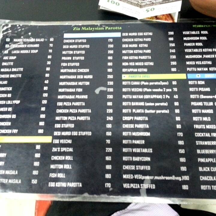 Menu at Zia Malaysian Parotta, Navallur