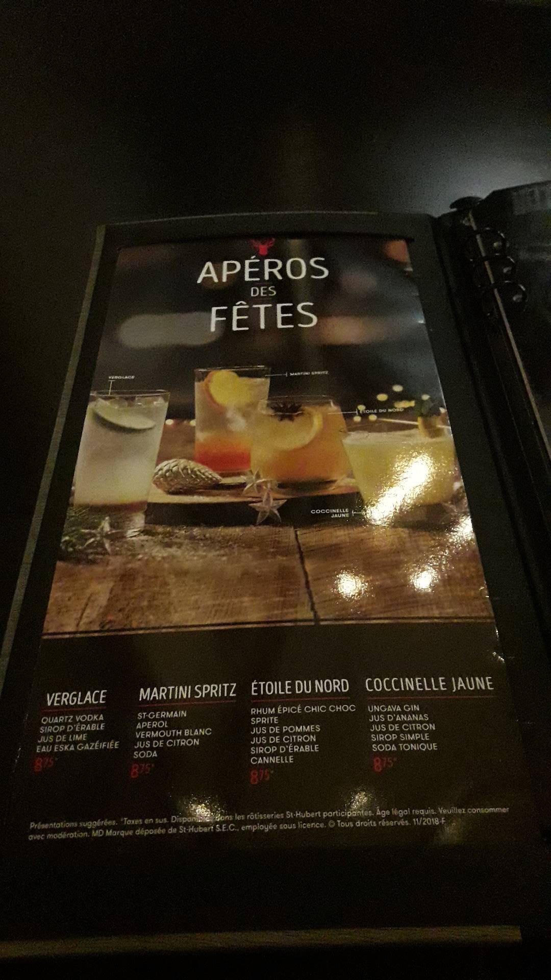 Menu au Rôtisserie St-Hubert restaurant, Québec, Boul. Henri-Bourassa
