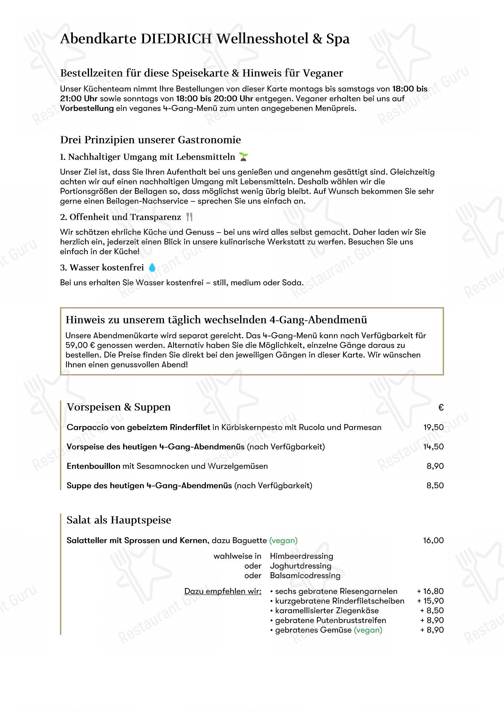 Speisekarte von Restaurant im DIEDRICH Wellnesshotel & Spa, Hallenberg