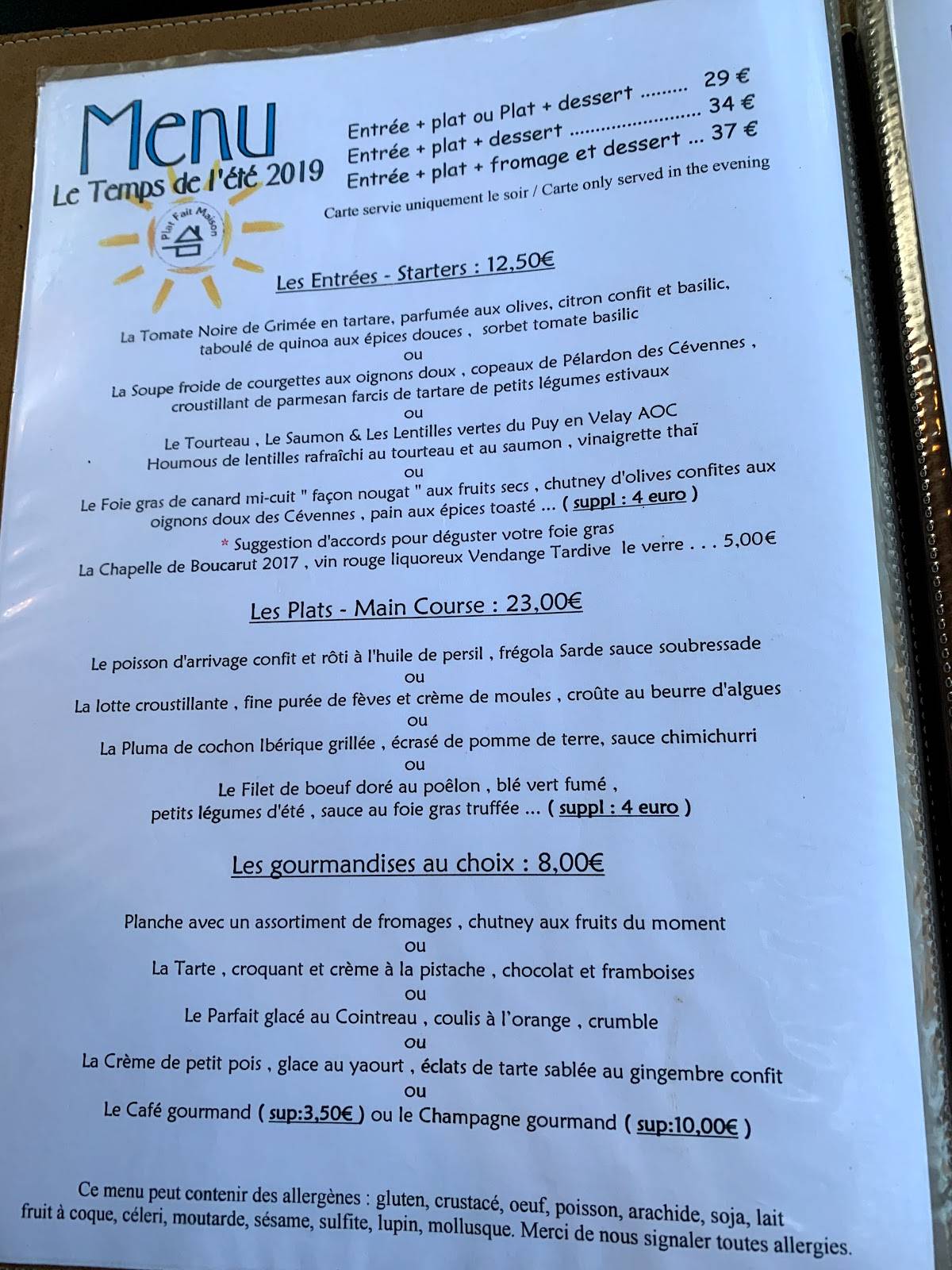 Menu au restaurant le PAPET, Saint-Laurent-des-Arbres, 1 Pl. de la Mairie