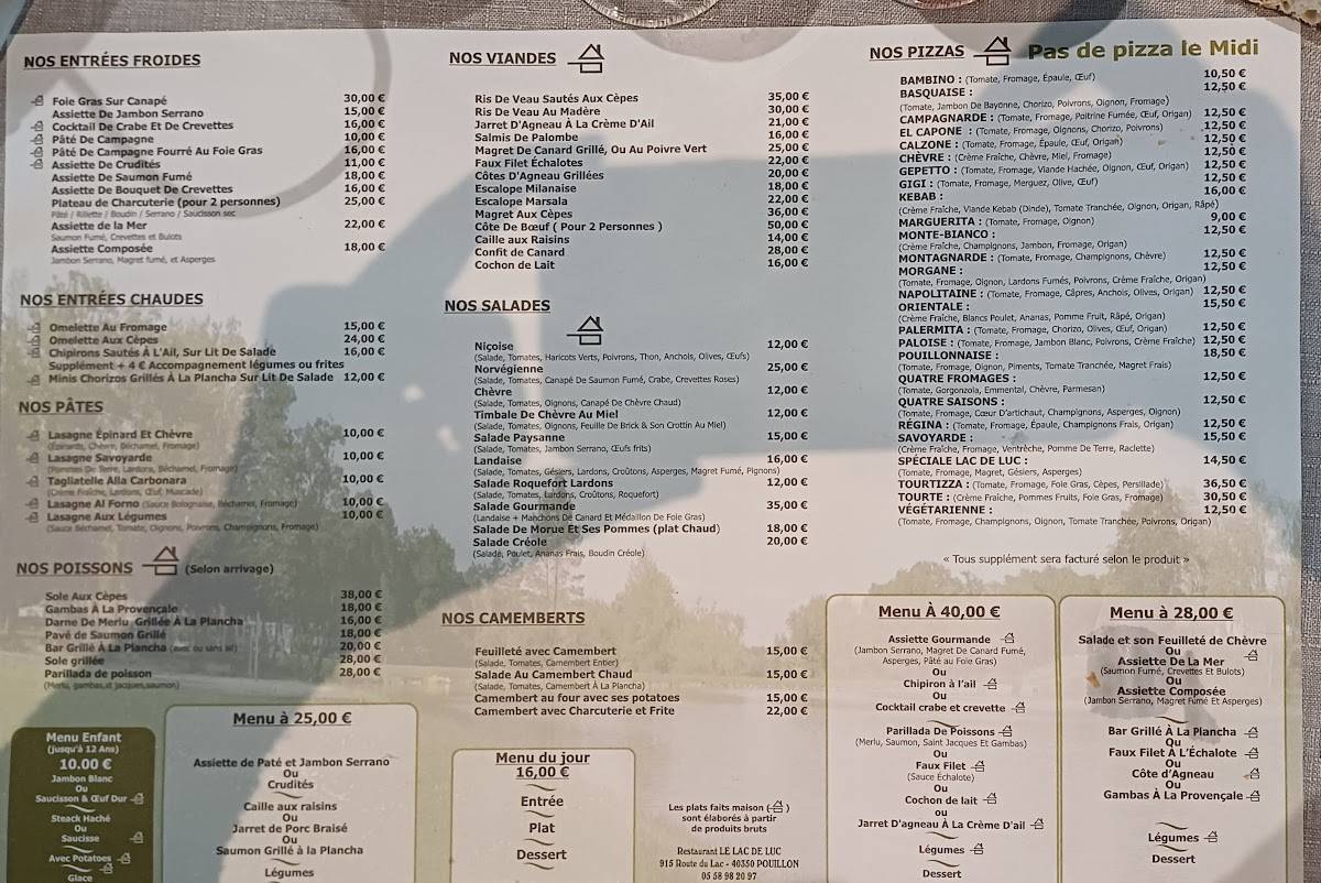 Menu au Restaurant Le Lac de Luc Pouillon, Pouillon