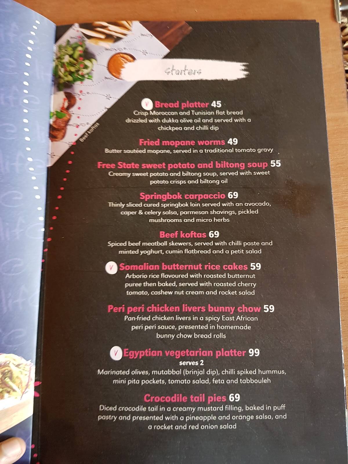 Menu at moyo Zoo Lake restaurant, Randburg
