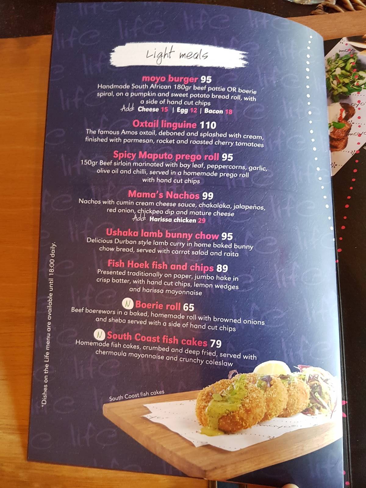 Menu at moyo Zoo Lake restaurant, Randburg
