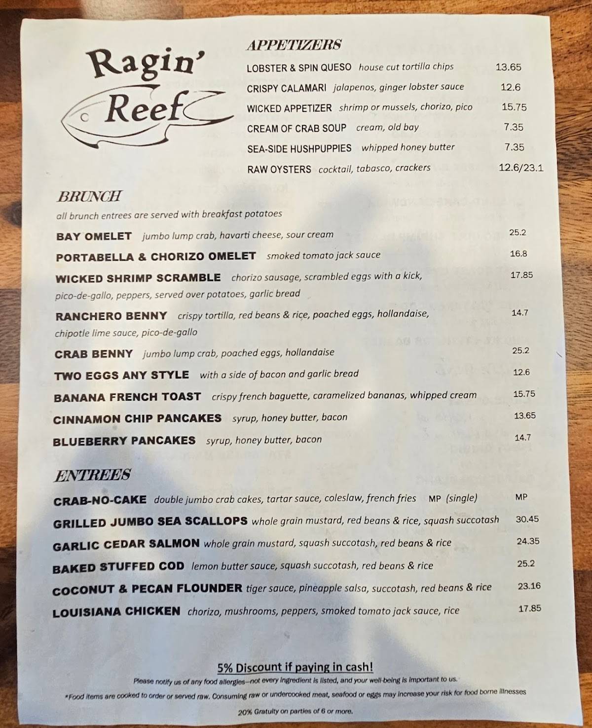 Menu at ragin' reef restaurant, Frederick, 506 E Church St