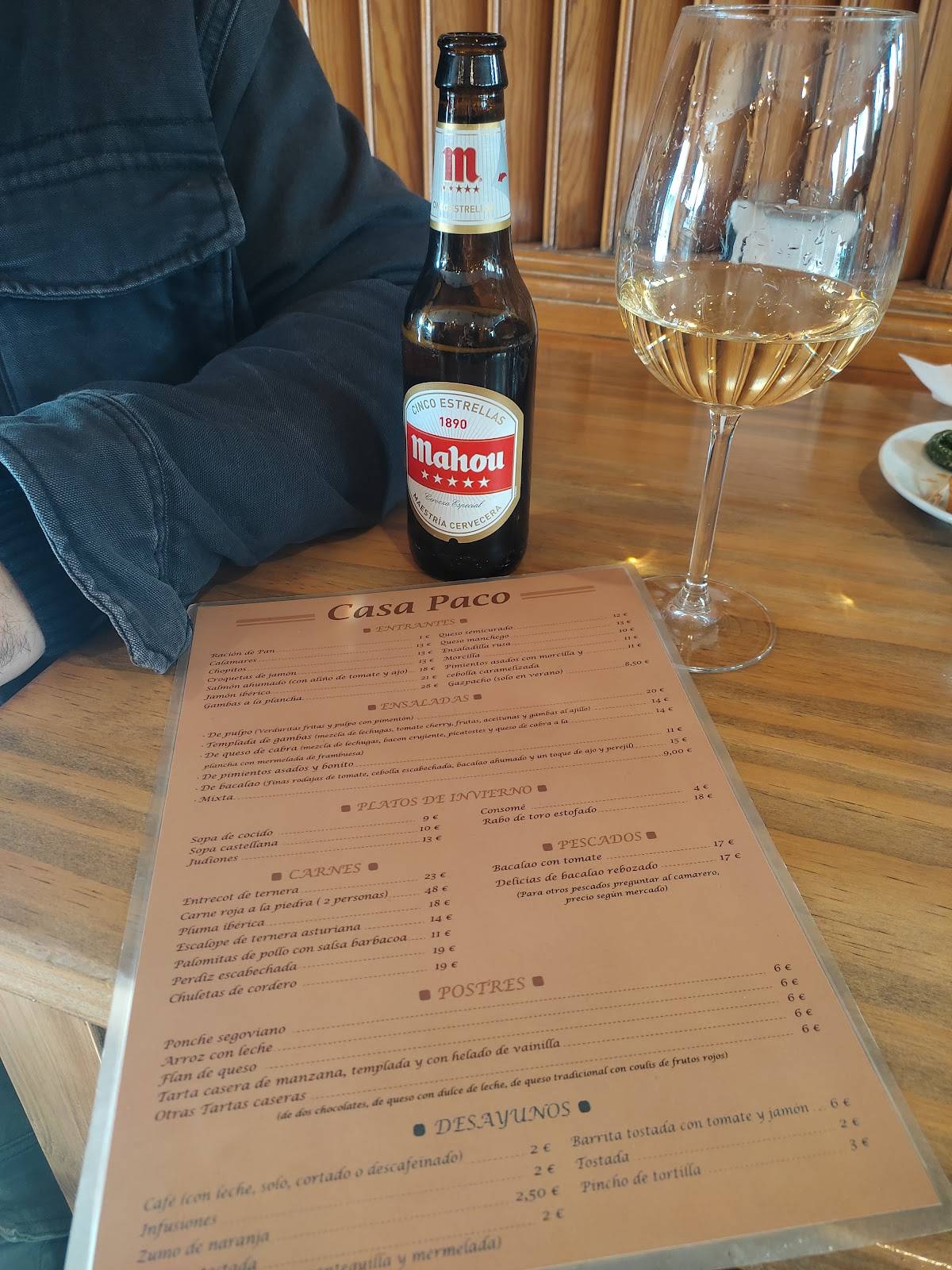 Carta de Restaurante Casa Paco, Navacerrada