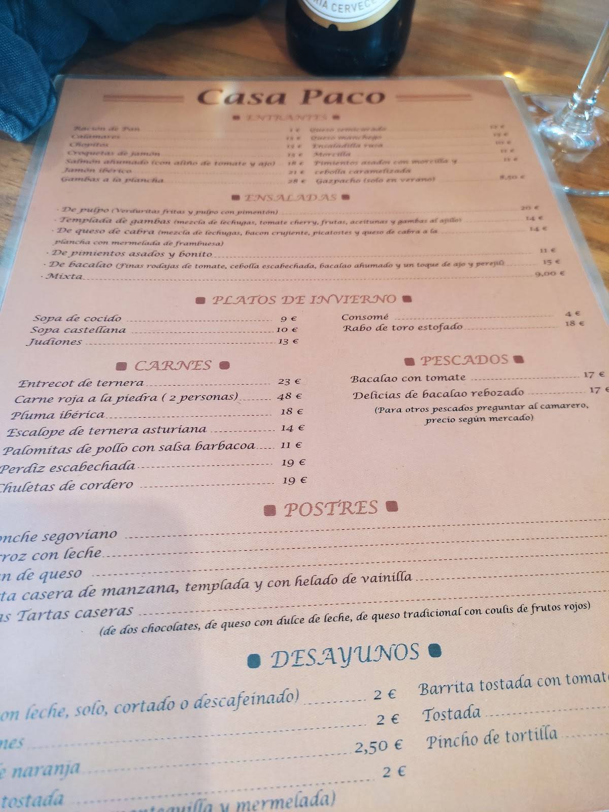 Carta de Restaurante Casa Paco, Navacerrada