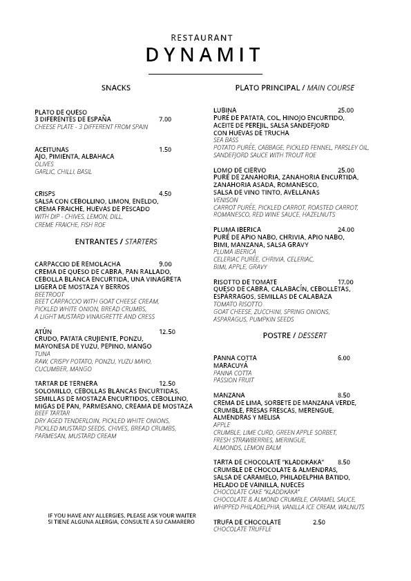 Menu at Restaurante Dynamit, Málaga