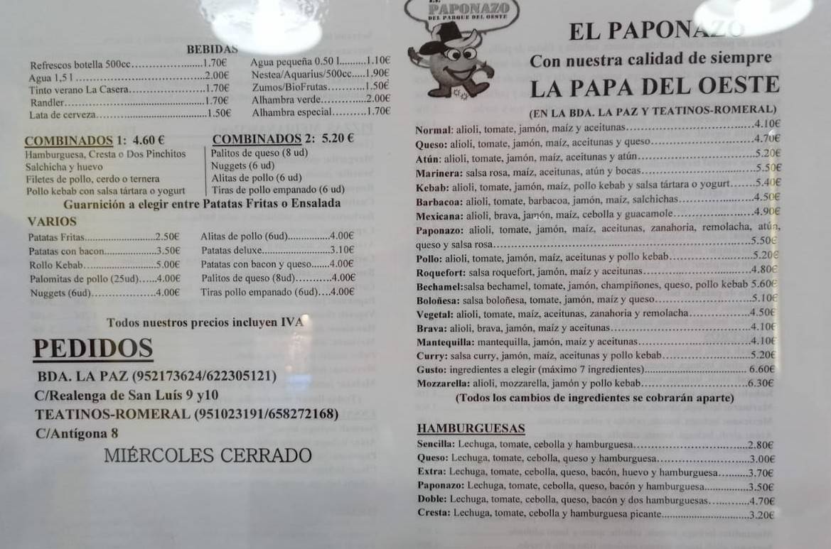 Carta de Restaurante El Paponazo del Parque del Oeste, Málaga, C ...