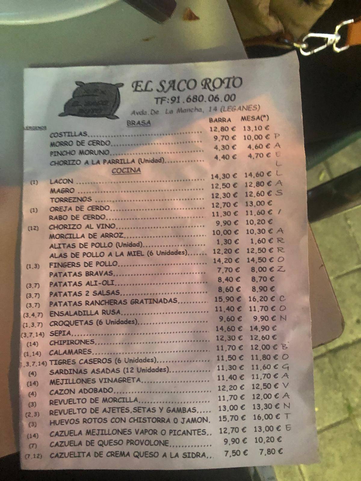 Menu at Restaurante El Saco Roto, Leganés