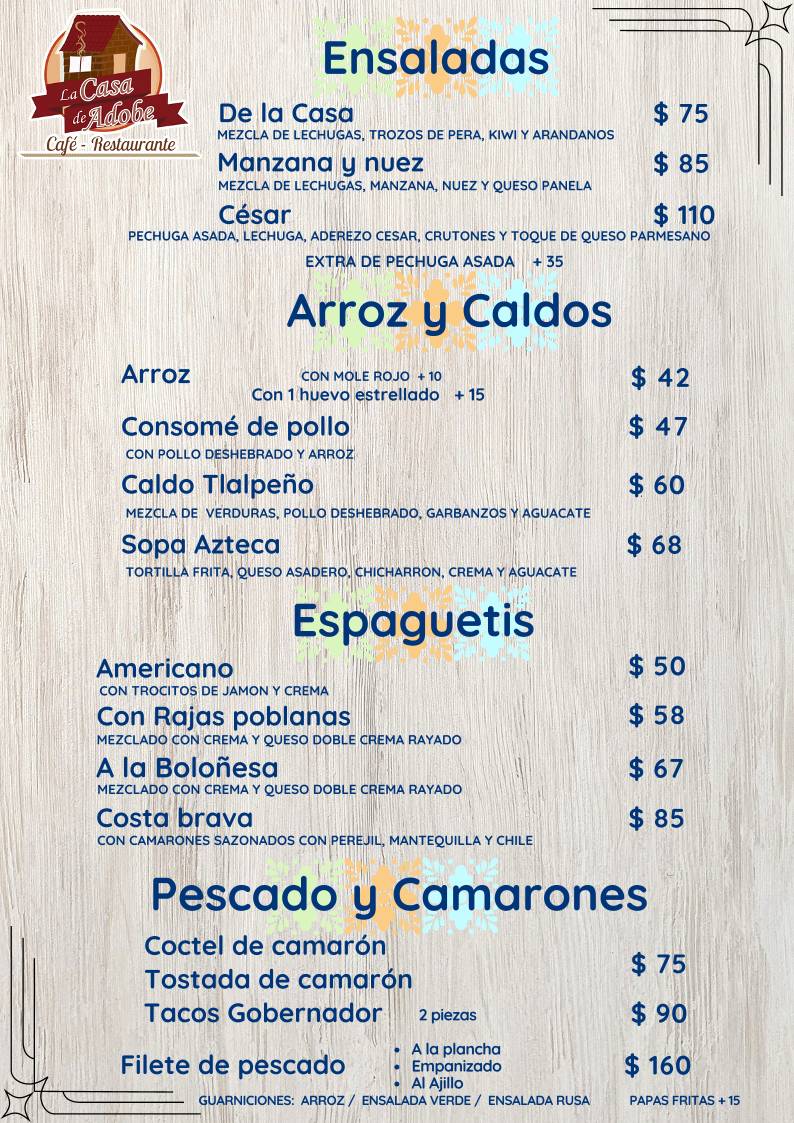 Carta de Restaurante La Casa de Adobe, Atlacomulco