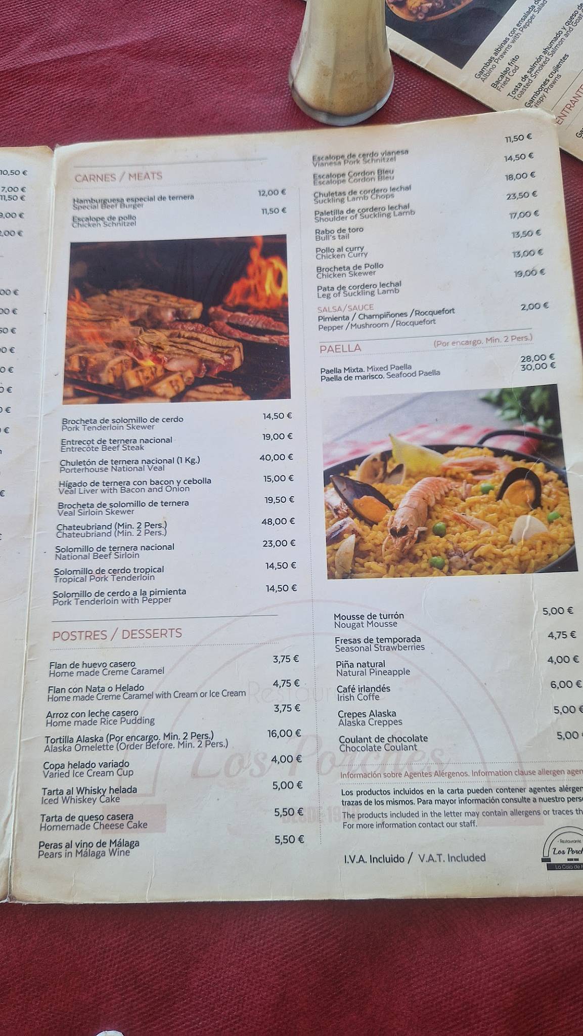 Menu at Restaurante Los Porches, La Cala de Mijas, C. Sedella
